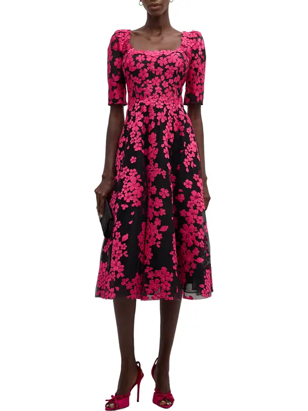 Rickie Freeman For Teri Jon Floral-embroidered Tulle Midi Dress - Black Fucshia