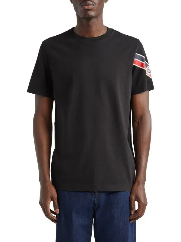 Moncler Stripe Logo Cotton T-shirt - Black