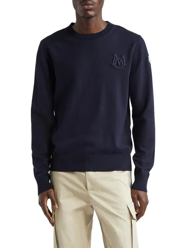 Moncler Monogram Cotton Crewneck Sweater - Navy