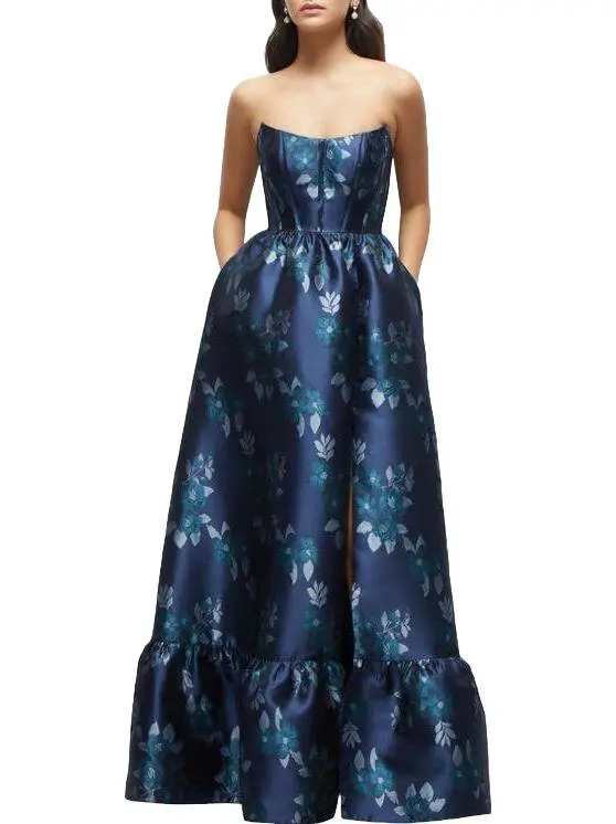 Dessy Collection Damask Strapless Gown - Midnight Navy Damask