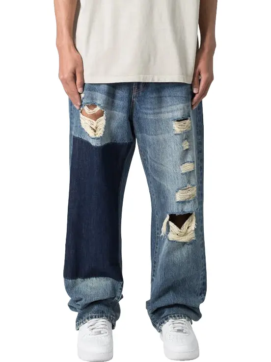 Mnml Ultra Baggy One Knee Thrashed Ripped Jeans - Blue