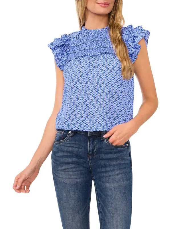 CECE DUPRAZ Geo Print Smocked Flutter Sleeve Top - Tropic Night Blue