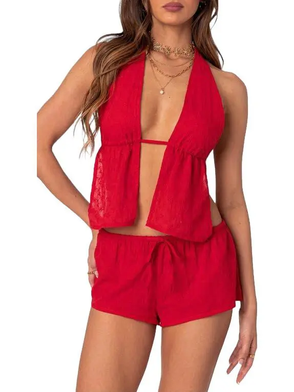 EDIKTED Eyelet Halter Top - Red