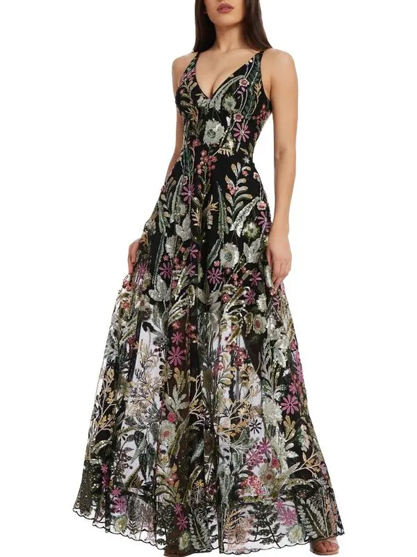 Dress The Population Ariyah Floral Sequin Gown - Black Multi