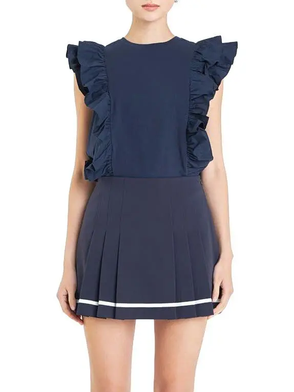 English Factory Poplin Ruffle Trim Knit Top - Navy