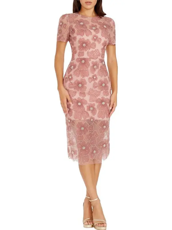 Dress The Population Lia Bead & Flower Appliqué Sheath Dress - Mauve Multi