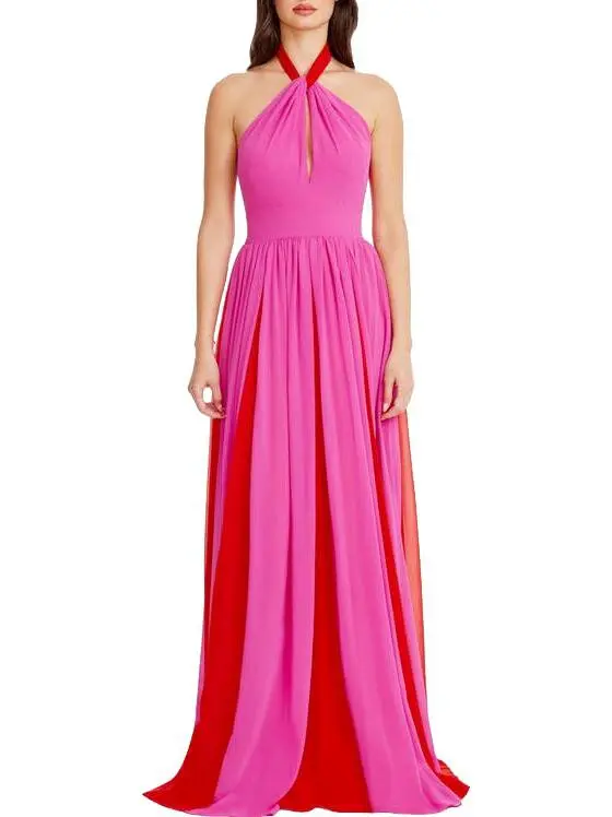 Dress The Population Meg Two-tone Halter Gown - Bright Fuchsia-poppy