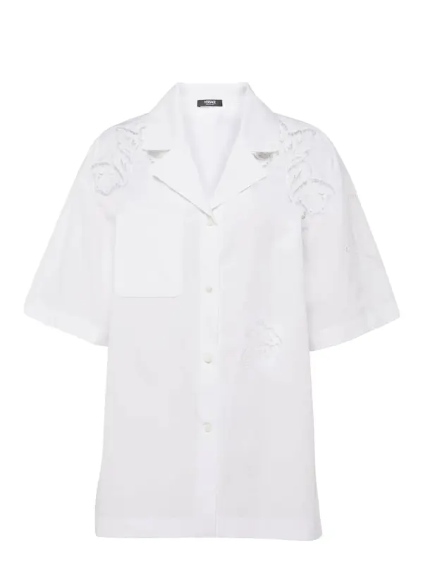 Versace Embroidered Cotton Bowling Shirt - White