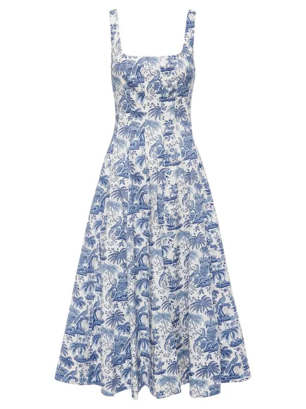 Staud Wells Printed Cotton Poplin Midi Dress - Blue