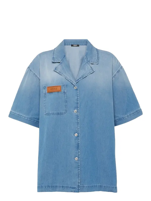 Versace Logo Denim Bowling Shirt - Blue
