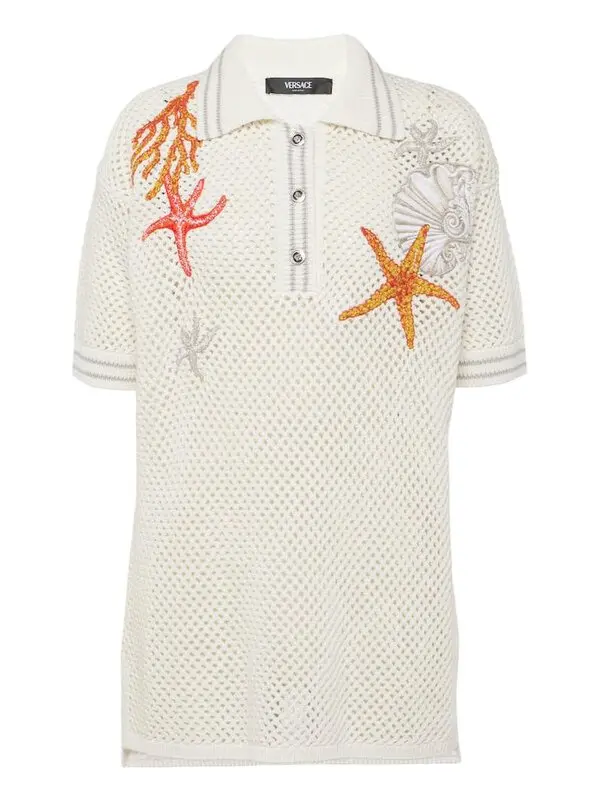 Versace Embroidered Crochet Cotton Polo Shirt - White