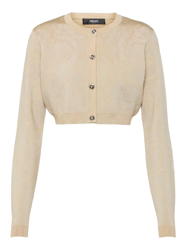 Versace Barocco Cropped Lamé Cardigan - Beige