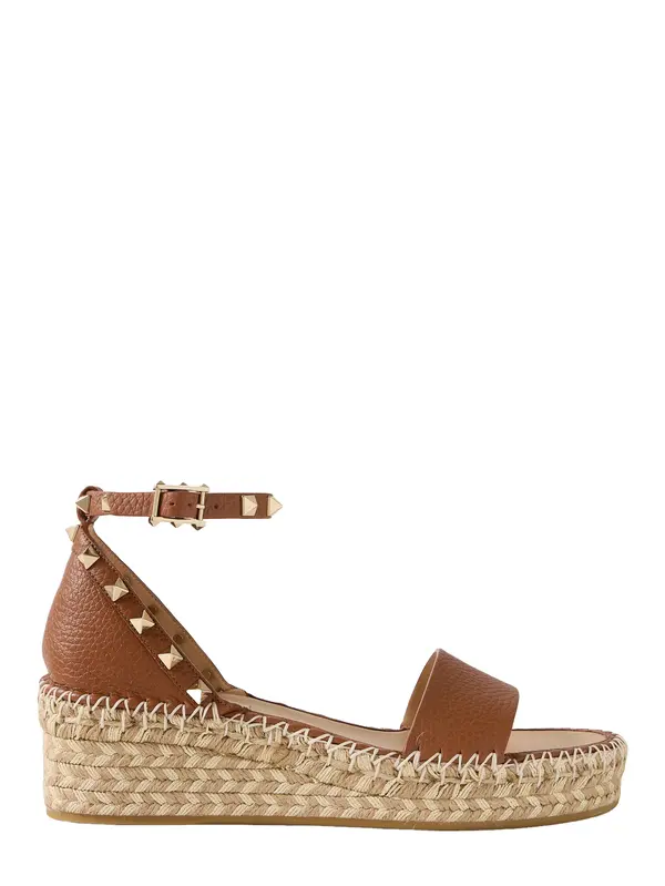 Valentino Garavani Rockstud 55 Textured-leather Espadrille Wedge Sandals - Brown