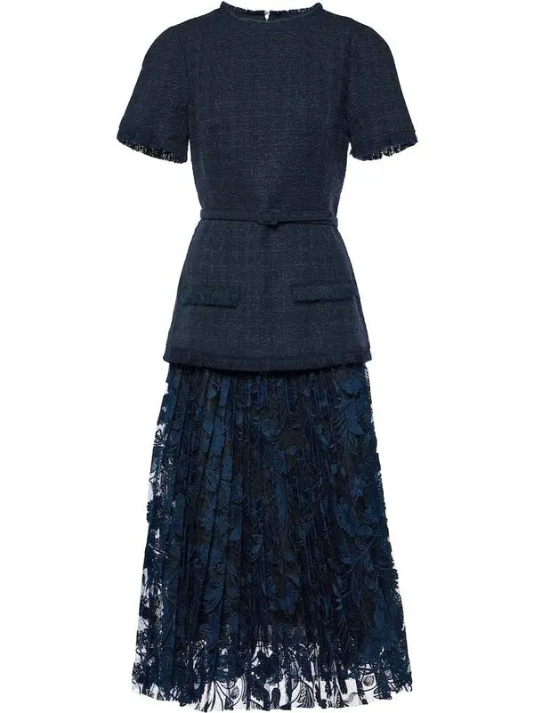 Oscar De La Renta Wool-blend Tweed And Lace Midi Dress - Blue