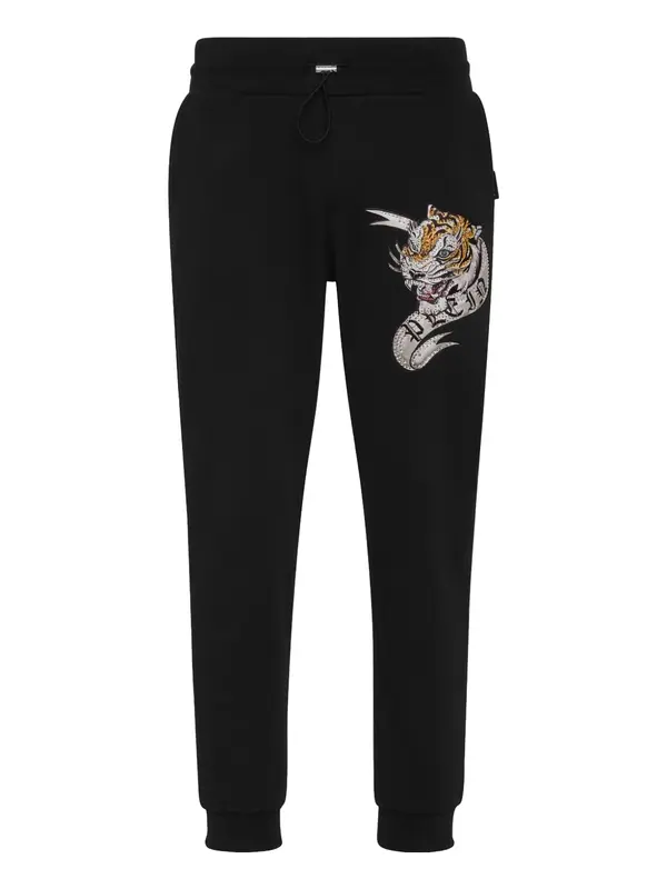 Philipp Plein Tiger-appliqué Drawstring Track Pants - Black