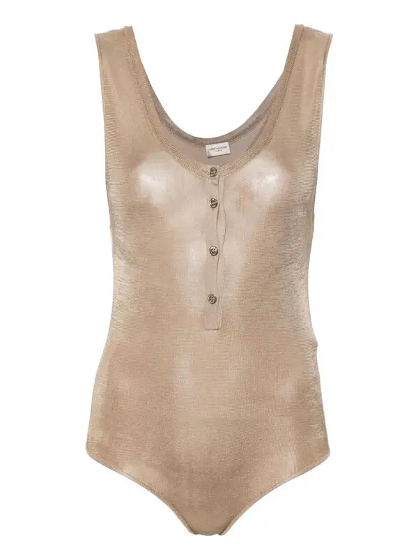 Saint Laurent Sleeveless Scoop Neck Silk Bodysuit With Metallic Finish - Neutrals