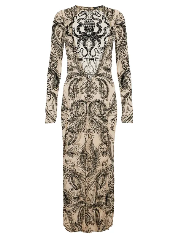Etro Logo Printed Tulle Midi Dress - Beige