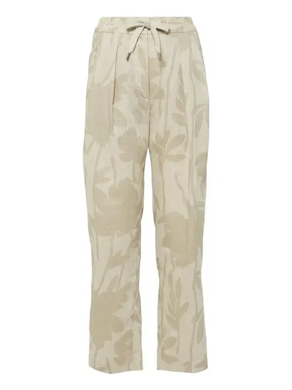 Brunello Cucinelli Printed Linen Tapered Trousers - Beige