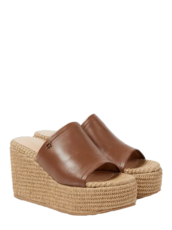 GIANVITO ROSSI Leather And Raffia Wedge Mules - Brown
