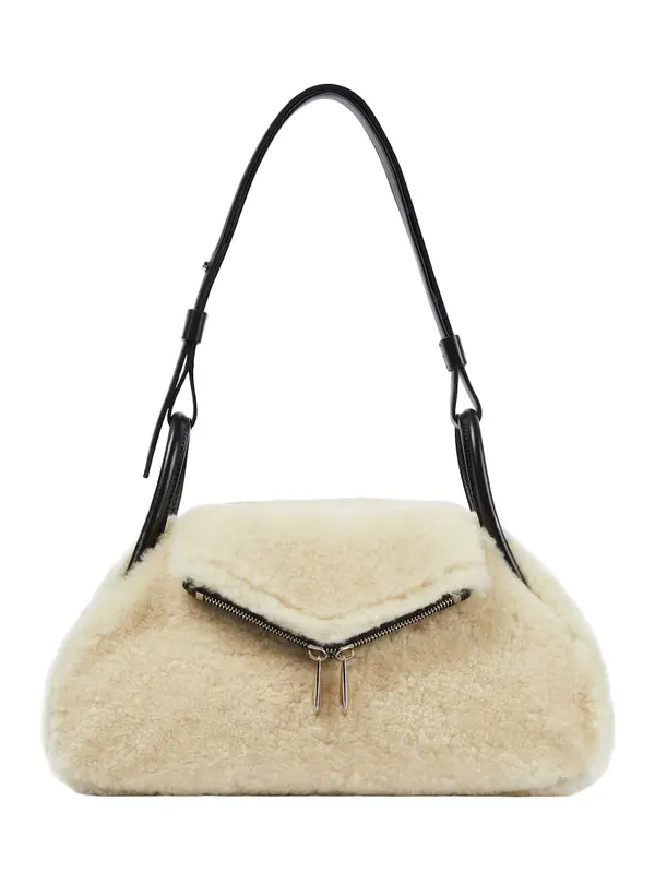 Amina Muaddi Gemini Small Shearling Shoulder Bag - Beige