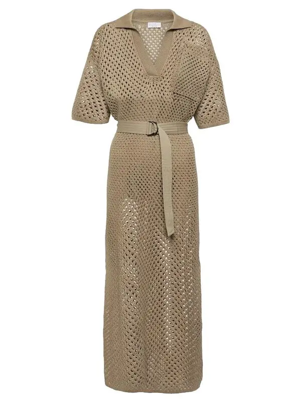 Brunello Cucinelli Cotton Mesh Polo Midi Dress - Brown