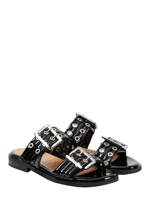GANNI Studded Patent Leather Sandals - Black