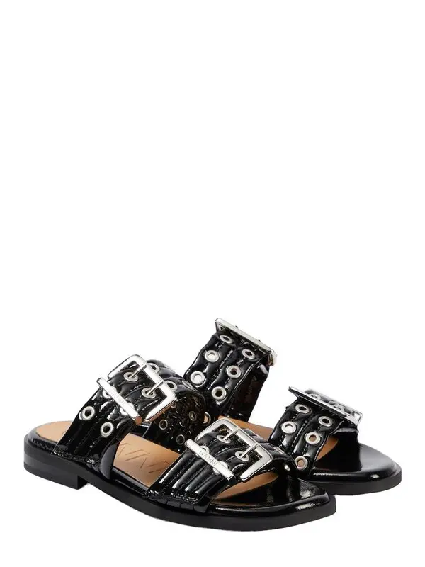 GANNI Studded Patent Leather Sandals - Black