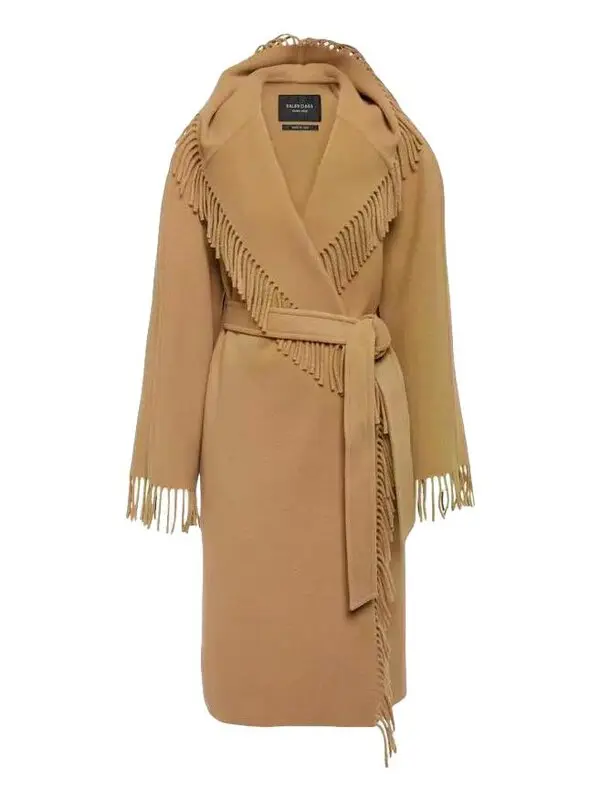 Balenciaga Fringed Wool Wrap Coat - Beige
