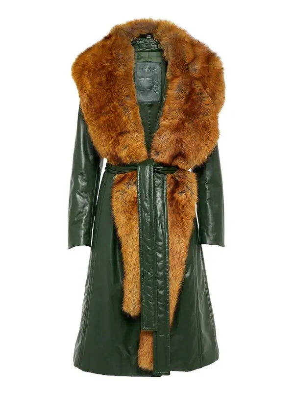 Burberry Faux Fur-trimmed Leather Coat - Green
