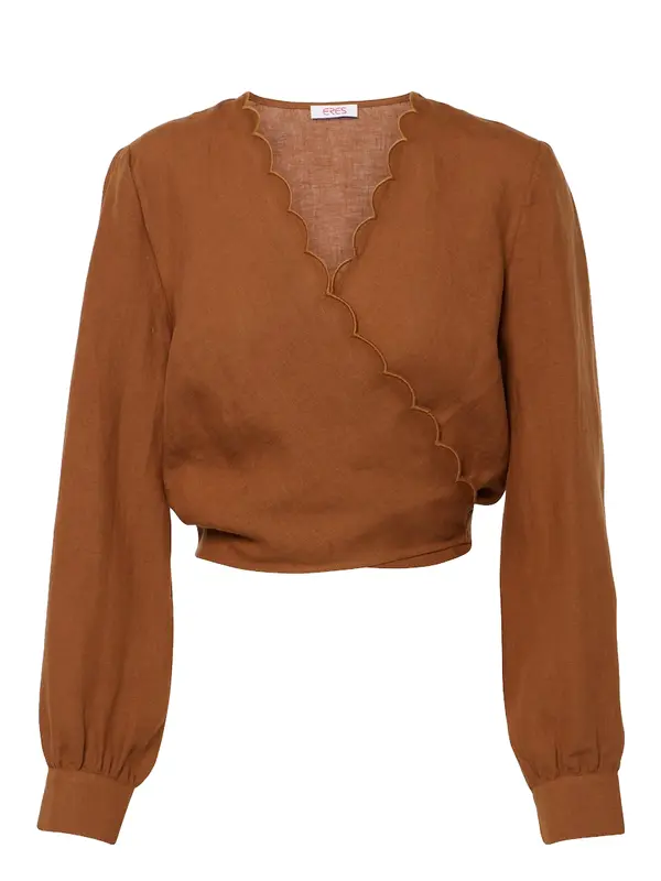 ERES Joli Scalloped Linen Wrap Top - Brown
