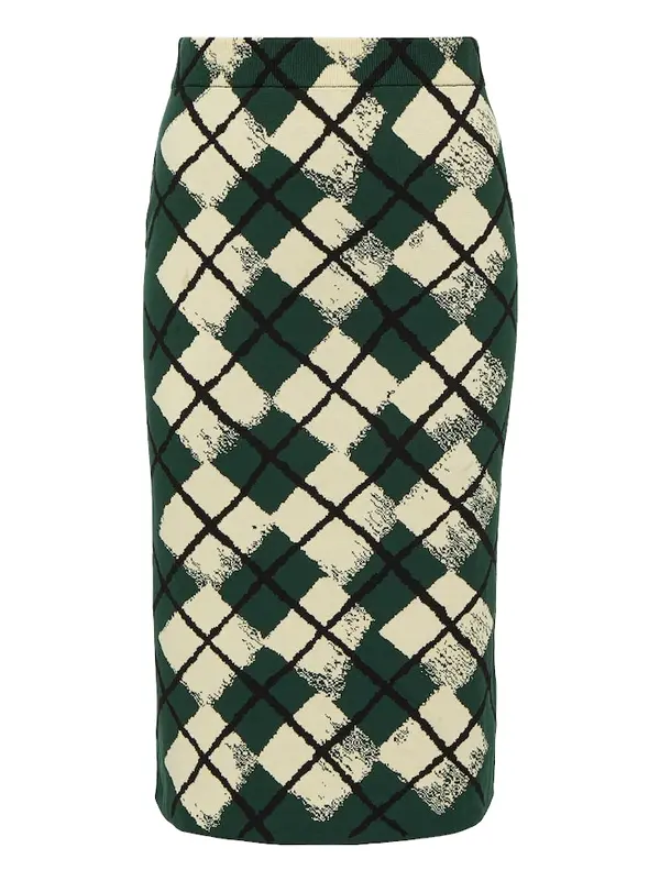 Burberry Checked Cotton Midi Skirt - Green