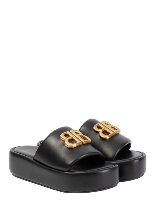 Balenciaga Rise Bb Leather Platform Slides - Black