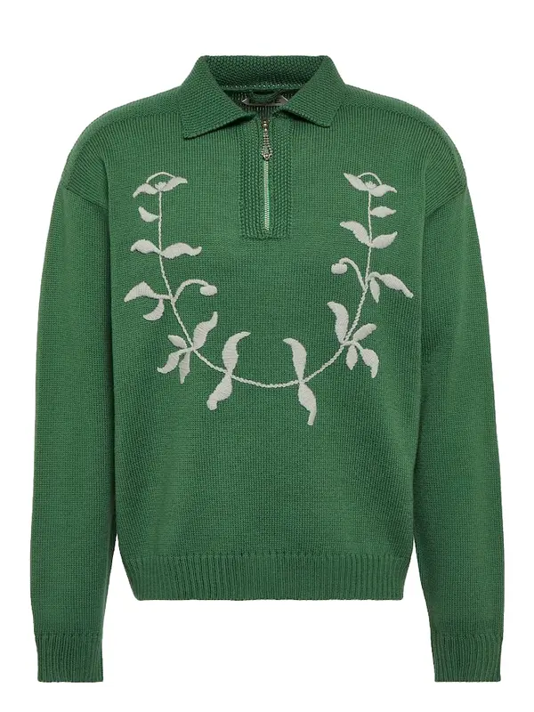 BODE Embroidered Wool Polo Sweater - Green