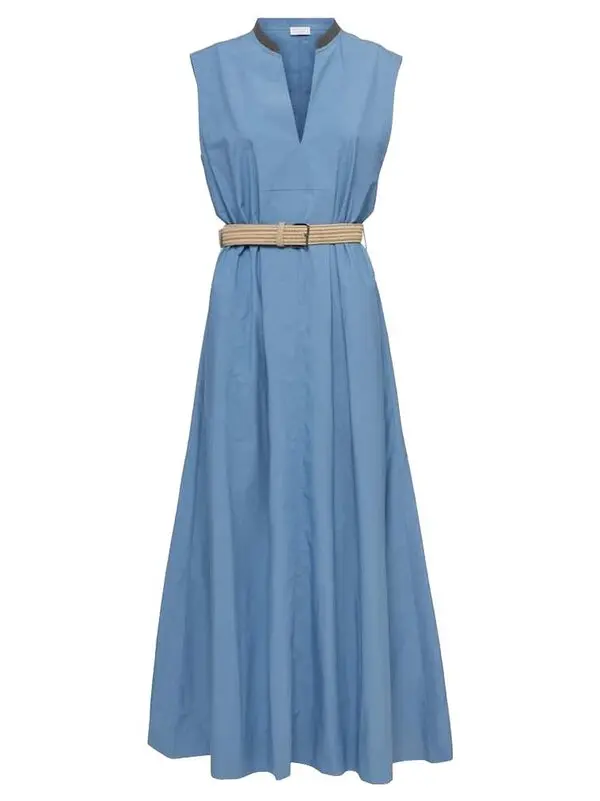 Brunello Cucinelli Embellished Cotton Poplin Maxi Dress - Blue