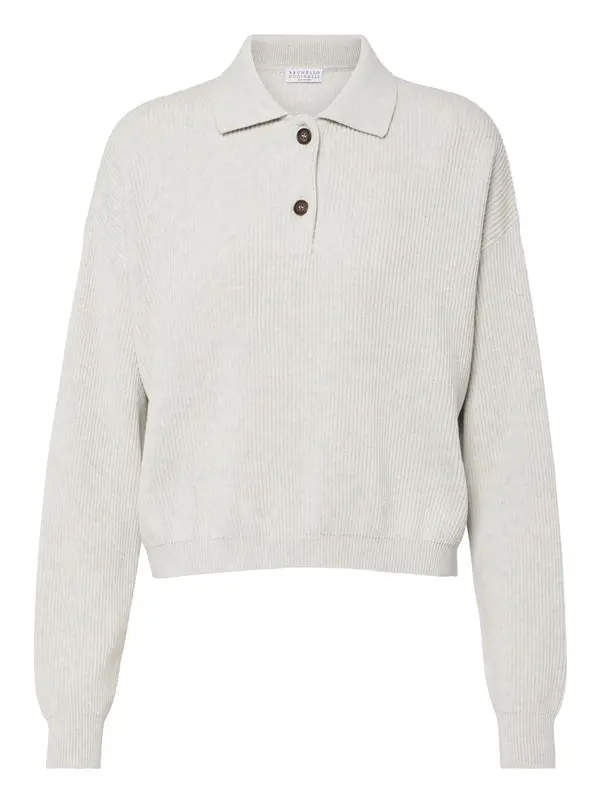 Brunello Cucinelli Ribbed-knit Cotton Polo Sweater - White