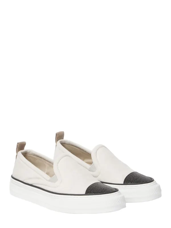 Brunello Cucinelli Monili Canvas Slip-on Sneakers - White