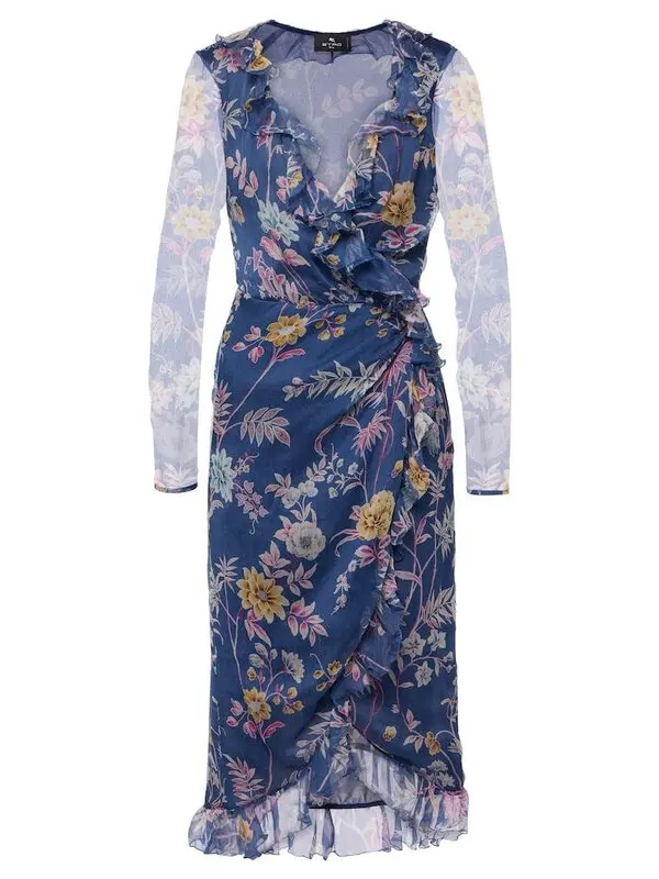 Etro Floral Print Silk Wrap Dress - Blue
