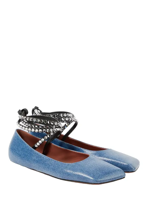 Amina Muaddi Ane Embellished Denim Ballet Flats - Blue