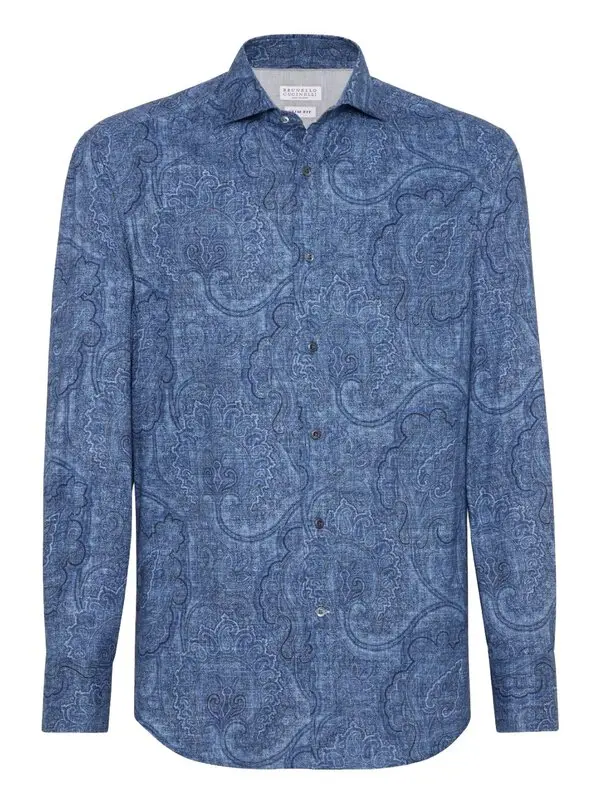 Brunello Cucinelli Patterned Jacquard Cotton Shirt - Blue