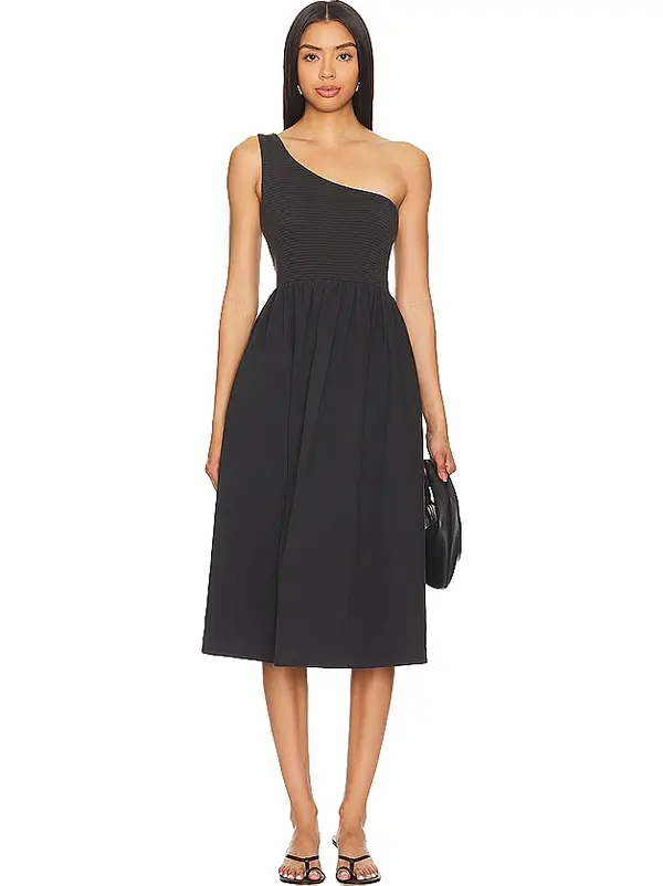 NATION LOS ANGELES Connie One Shoulder Smocked Dress - Jet Black