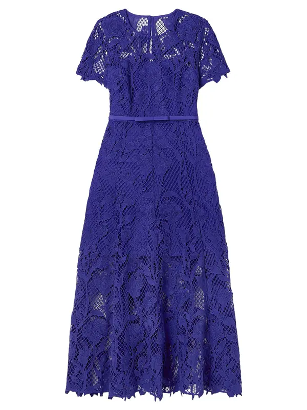 SELF-PORTRAIT Belted Guipure Lace Midi Dress - Blue