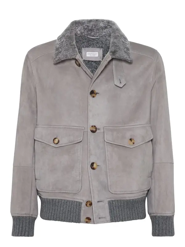 Brunello Cucinelli Suede Jacket With Shearling Collar - Grey