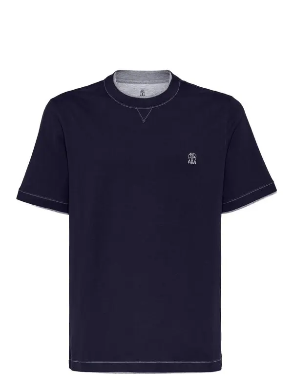 Brunello Cucinelli Logo-embroidered Contrast-trim T-shirt - Blue