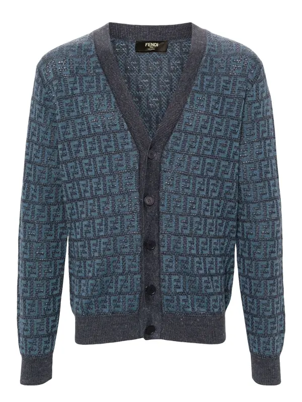 Fendi Ff-jacquard Knitted Cardigan - Blue