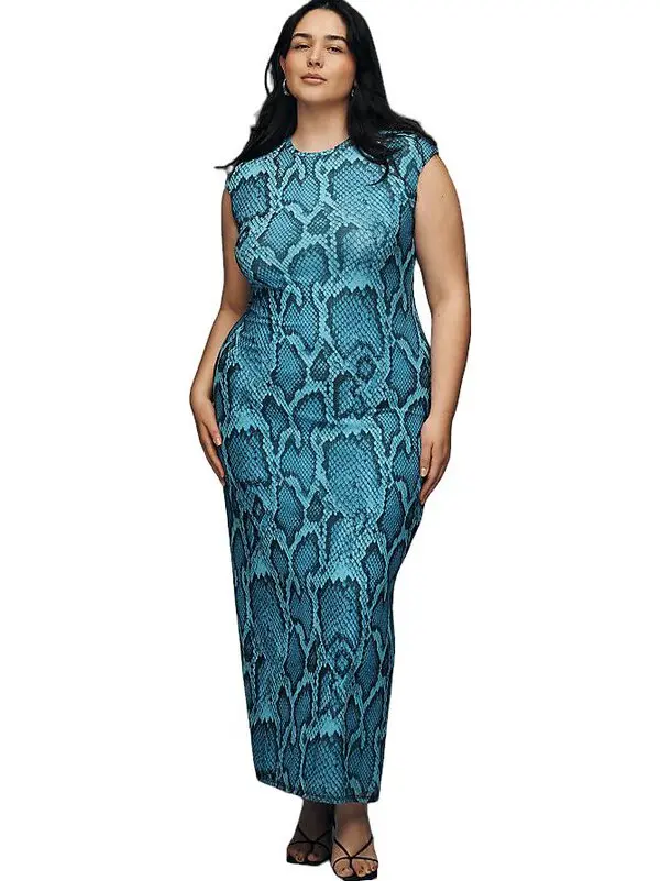 AFRM Short-sleeve Slim Mesh Maxi Dress - Blue Fish Snake