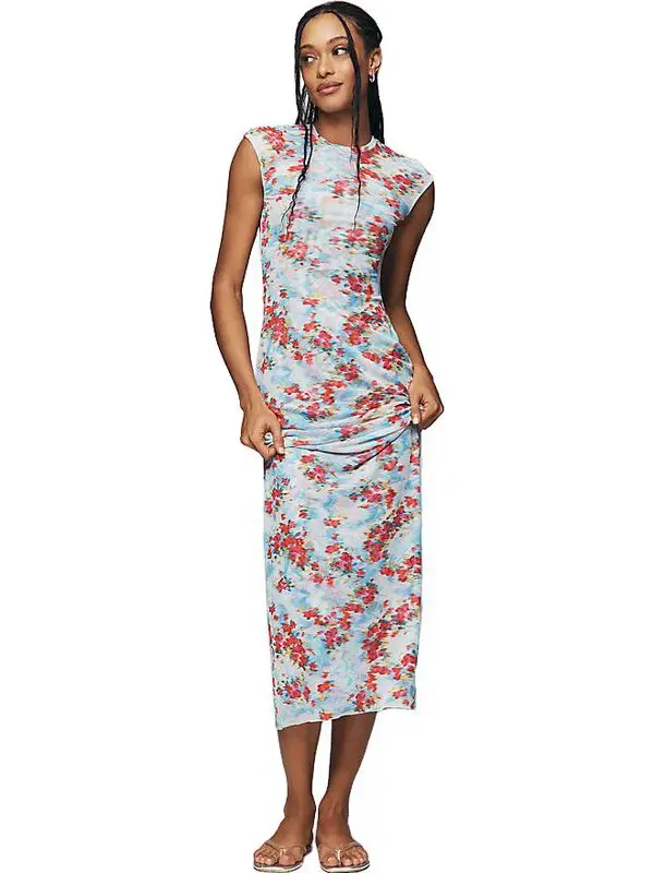 AFRM Short-sleeve Slim Mesh Maxi Dress - Blue Floral