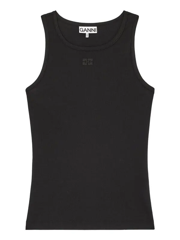 GANNI Soft Cotton Rib Tank Top - Black