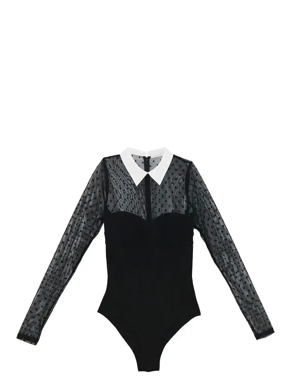 Fleur Du Mal Collared Bodysuit With Dotted Tulle - Black