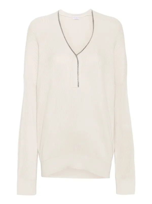 Brunello Cucinelli Ribbed Jumper With Monili Chain - Neutrals