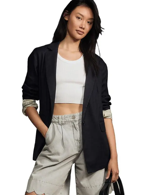 Maeve European Flax Linen Stretch Blazer Jacket - Navy